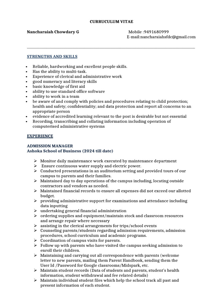 Curriculumvitae - Admission Manager Updated | PDF | Schools