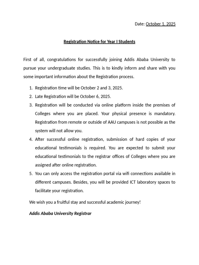 Registration Notice For Year I Students: Addis Ababa University ...