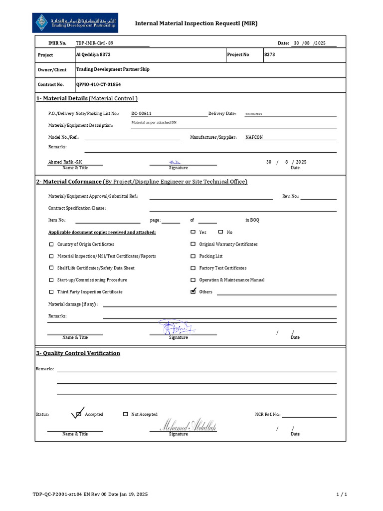 Internal Material Inspection Request Form | PDF