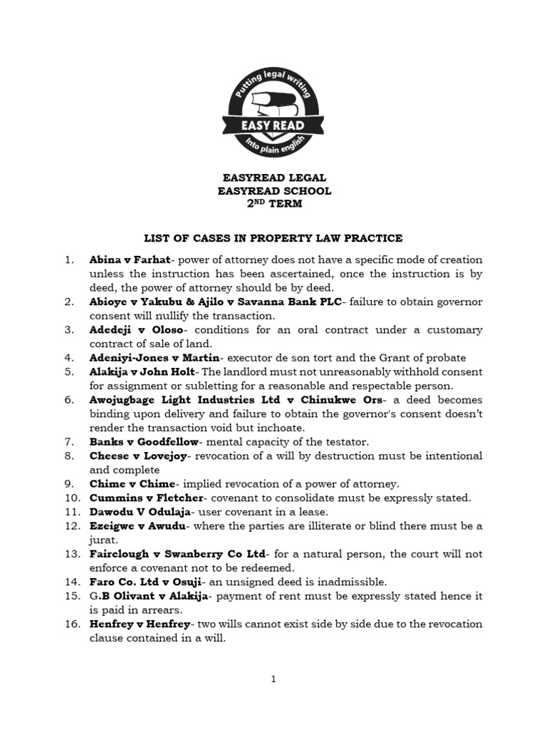 Property Law Case Summaries List | PDF | Lease | Covenant (Law)