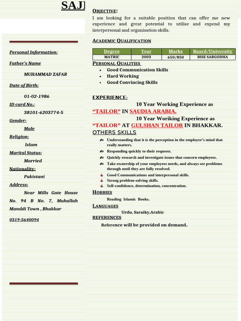 Tailor Resume of Sajid Zafar | PDF