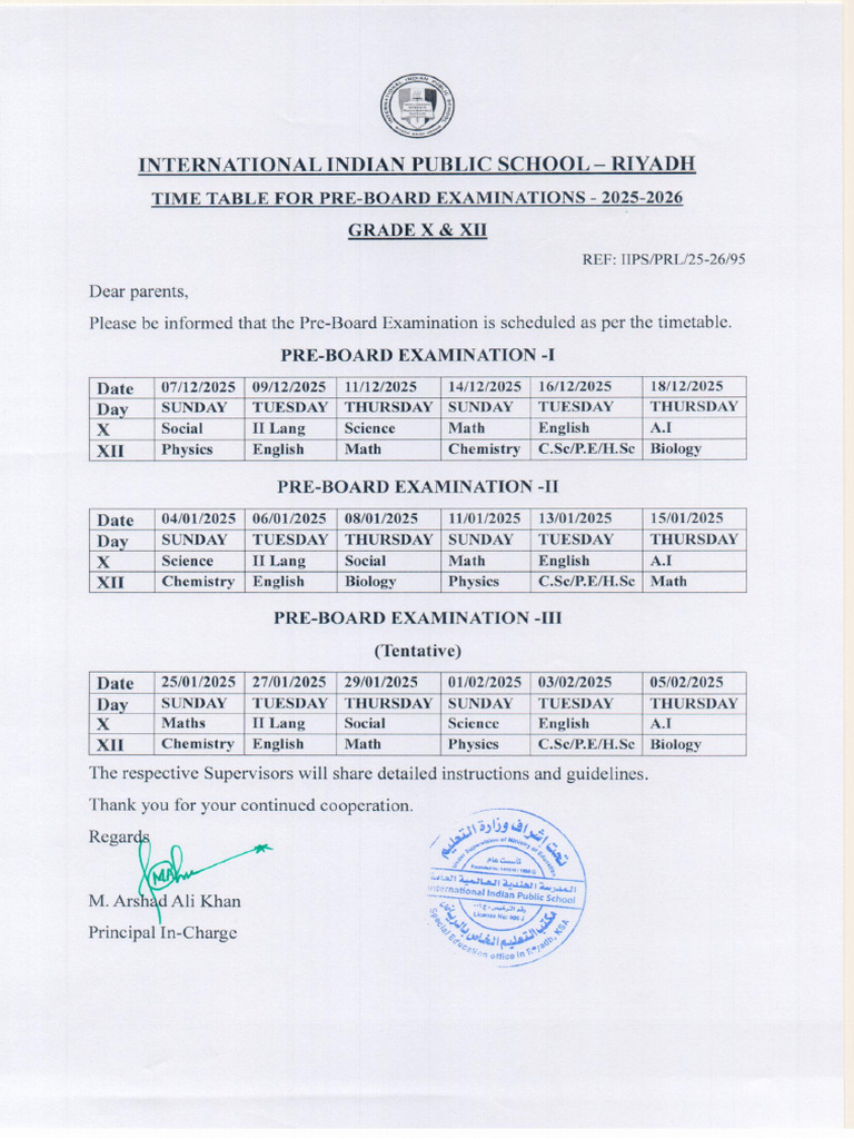 CIRCULAR-95 Time Table For Pre-Board Practical Examination Grade X ...