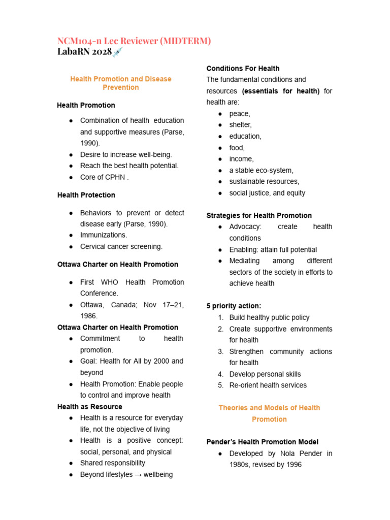 NCM104 N Reviewer MIDTERM | PDF | Health Promotion | Breastfeeding