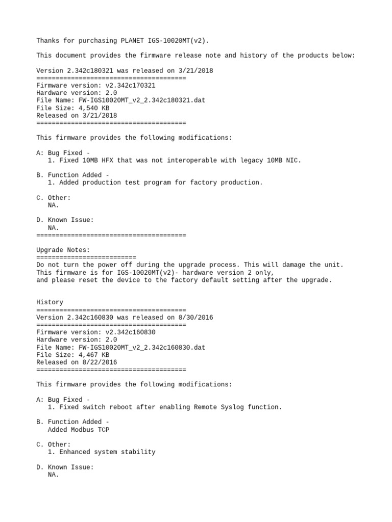 Release Note IGS 10020MTv2 | PDF