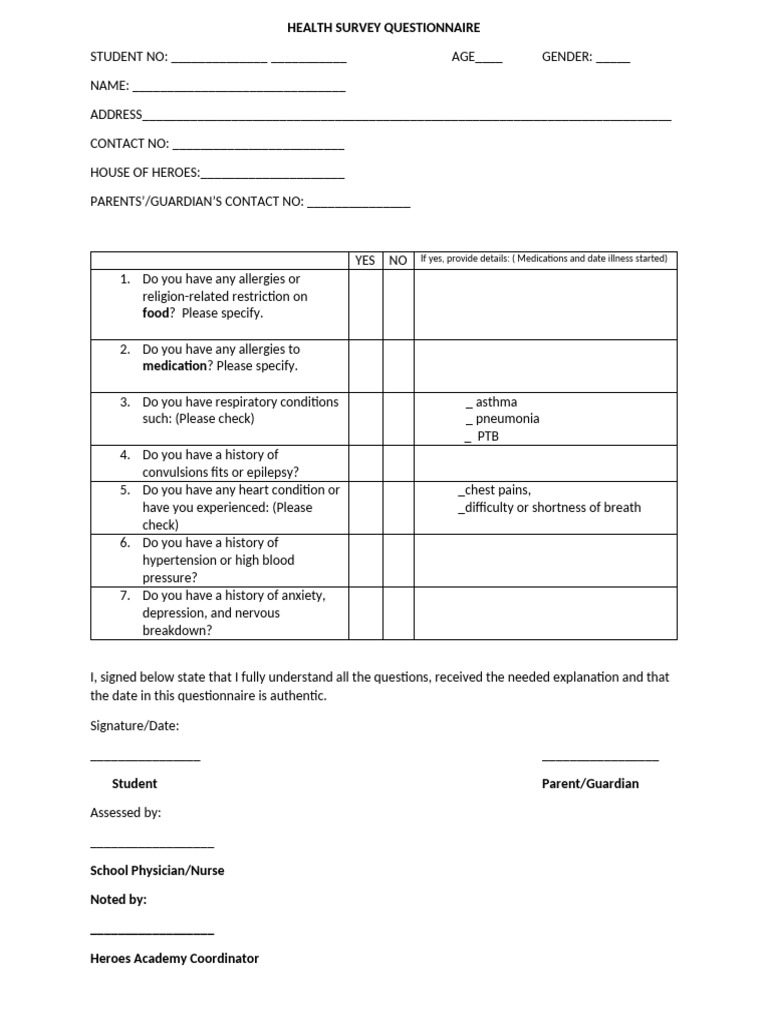 Student Health Survey Questionnaire | PDF