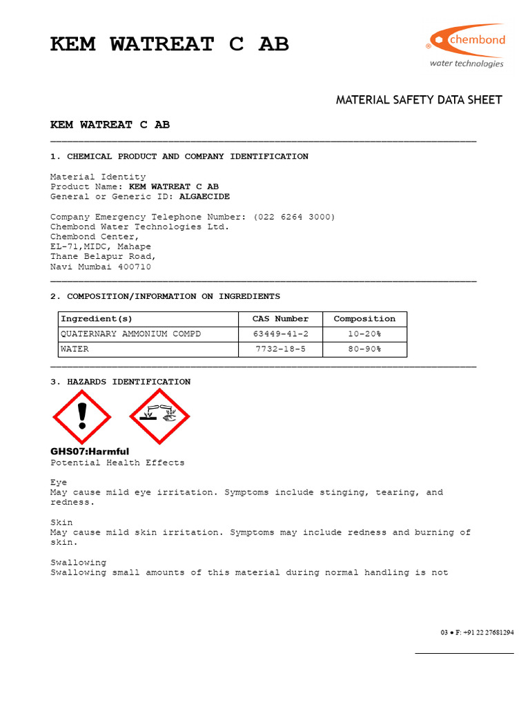 KEM WATREAT C AB Safety Data Sheet | PDF | Personal Protective ...