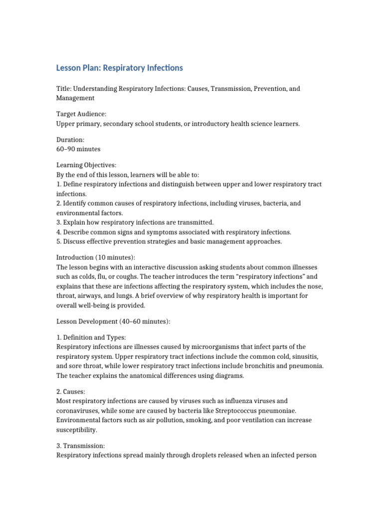 Respiratory Infections Lesson Plan | PDF | Common Cold | Infection