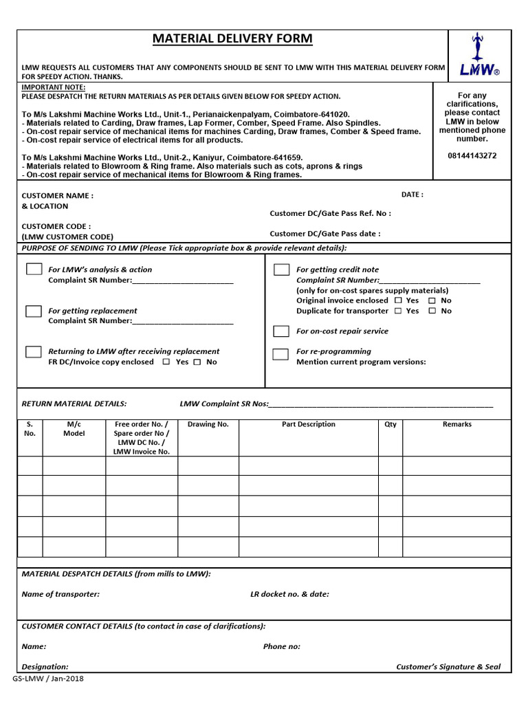 Material Delivery Form New 09jan18-1 | PDF