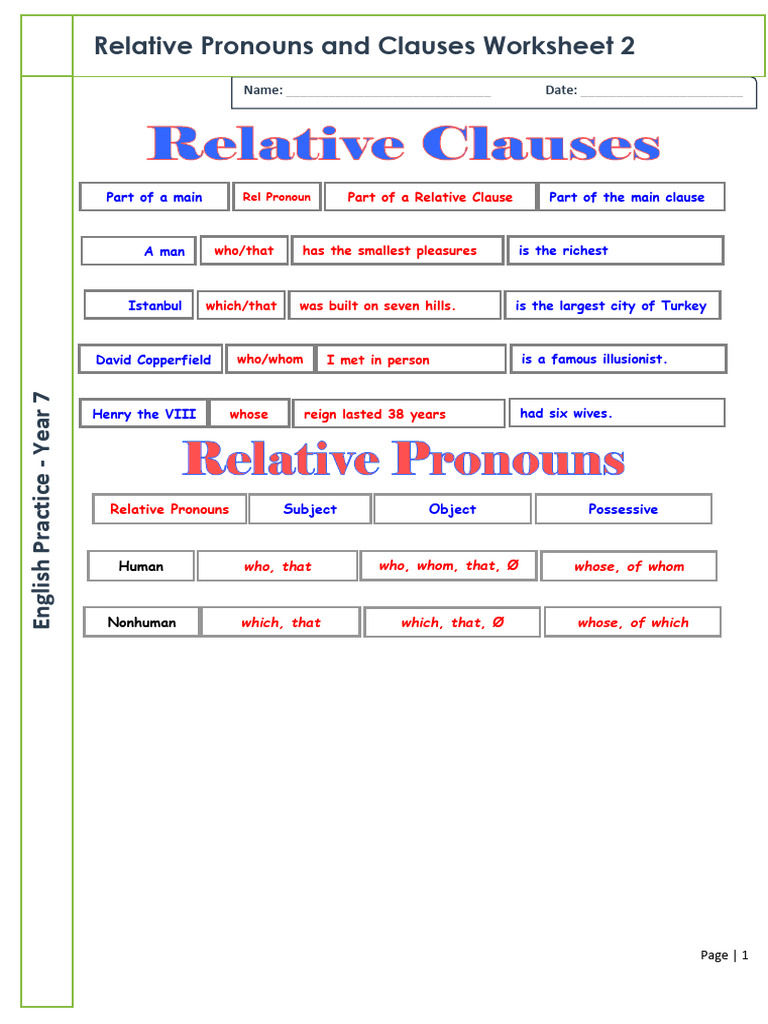 English Yr7 W - Sheet Relative Pronouns and Clauses | PDF