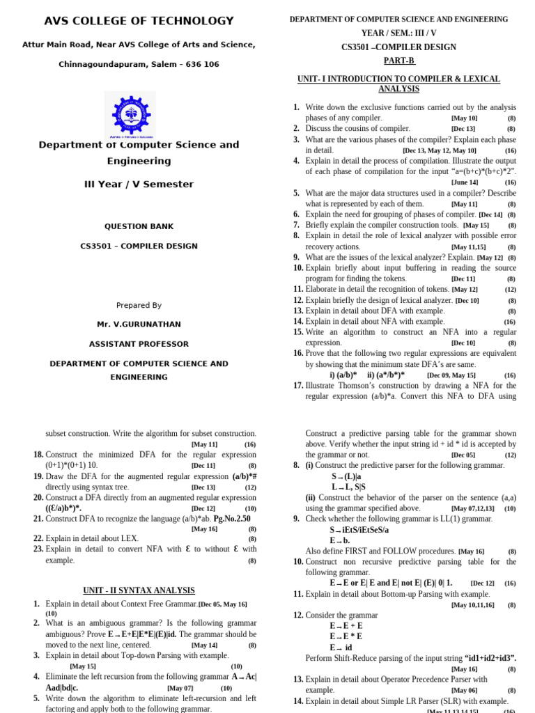Compiler Design Question Bank for CS3501 | PDF | Parsing | Regular ...