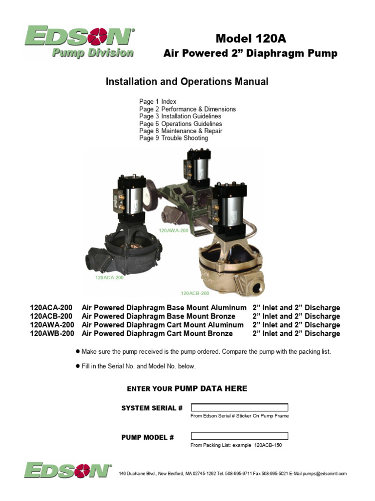 Edson 120ACB200 Diaphragm Pump Manual | PDF | Pump | Valve