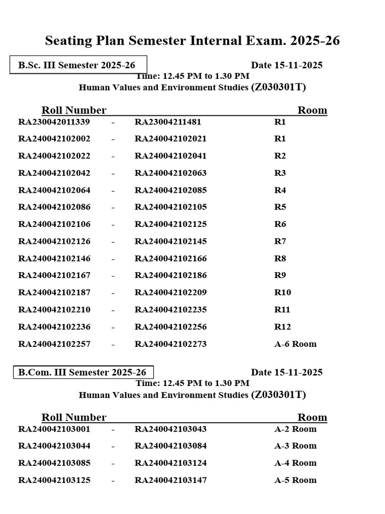 Seating Plan for 2025-26 Exams | PDF