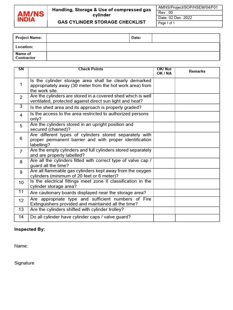 AMNS Project SOP HSEM 04 F01 Gas Cylinder Storage Checklist | PDF
