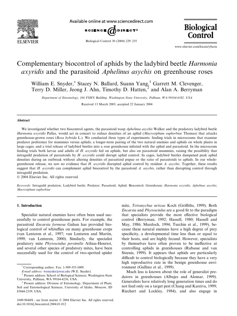 Complementary Biocontrol of Aphids by TH | PDF | Biological Pest ...