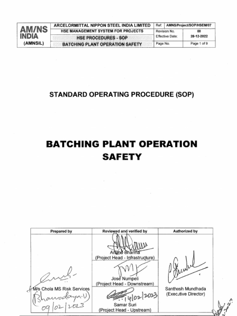 AMNS Project SOP HSEM 07 Batching Plant | PDF