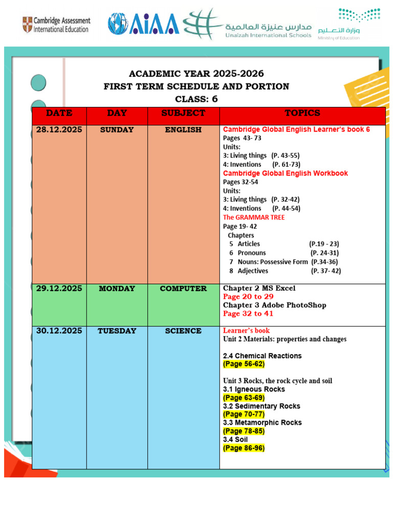 1st Term Schedule and Portion 6 | PDF