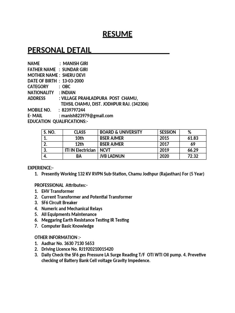 Resume Personal Detail | PDF