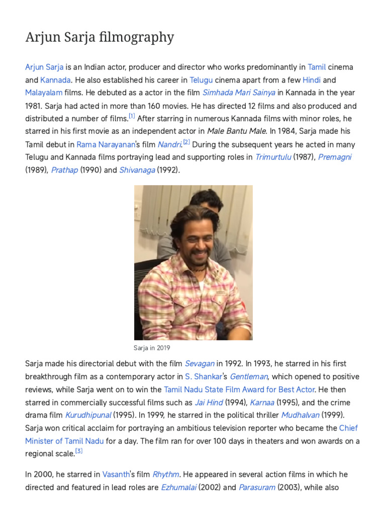 Arjun Sarja Filmography - Wikipedia | PDF | Tamil Cinema