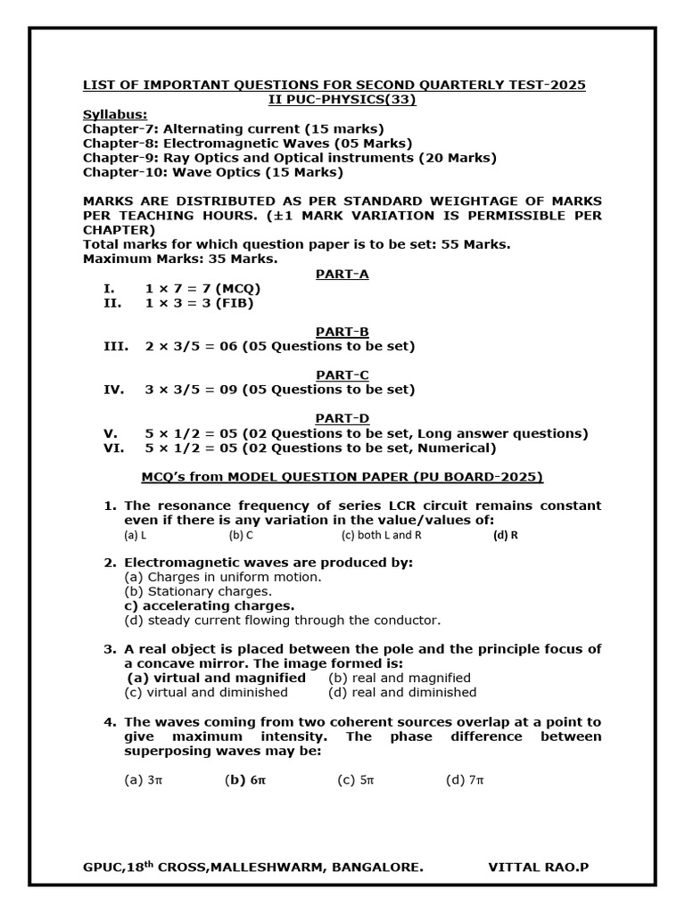 Important Questions Second Test 2025 Iipuc | PDF | Electrical Impedance ...