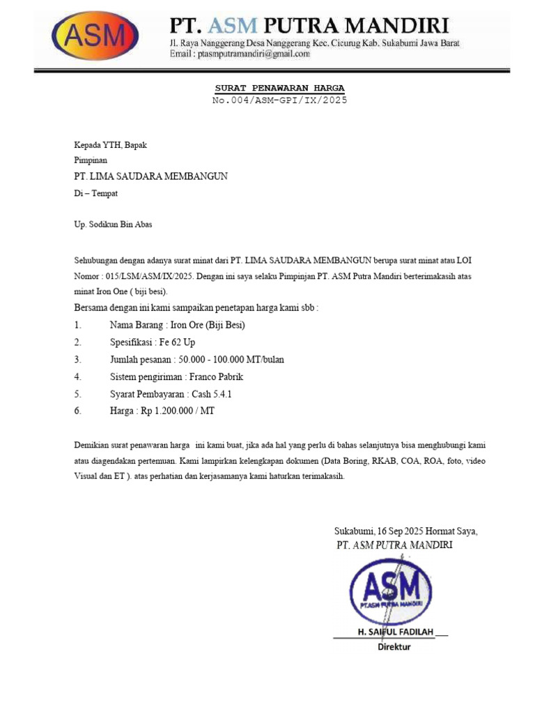 Penawaran Harga Iron Ore PT. ASM 2025 | PDF