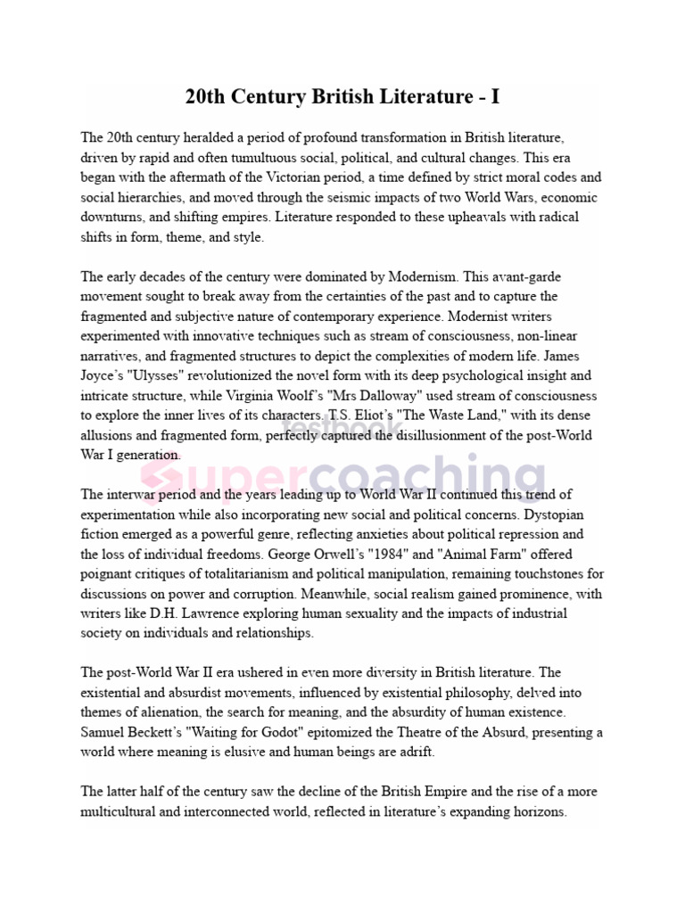 Overview of 20th Century British Literature | PDF | British Literature ...