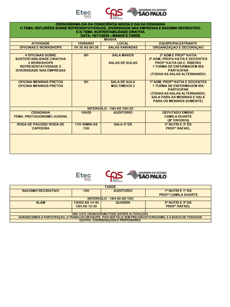 Cronograma Do Dia Da Consciência Negra 19-11-25 Na Etec Uirapuru2 (1) | PDF
