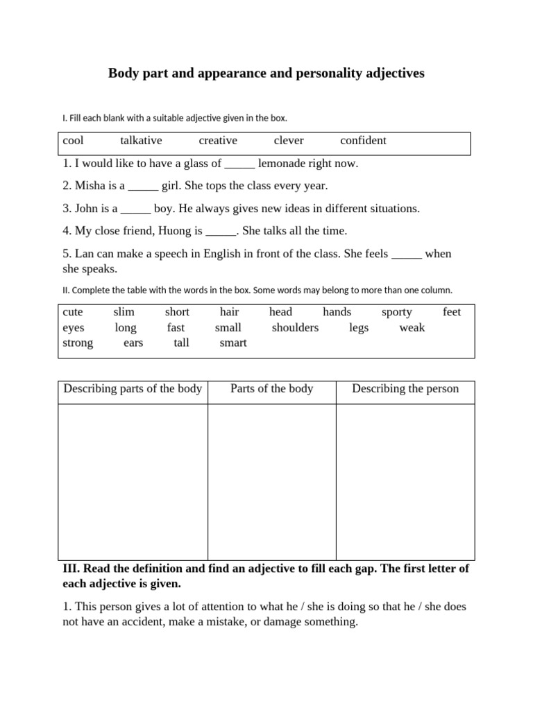 Body Part and Appearance and Personality Adjectives | PDF