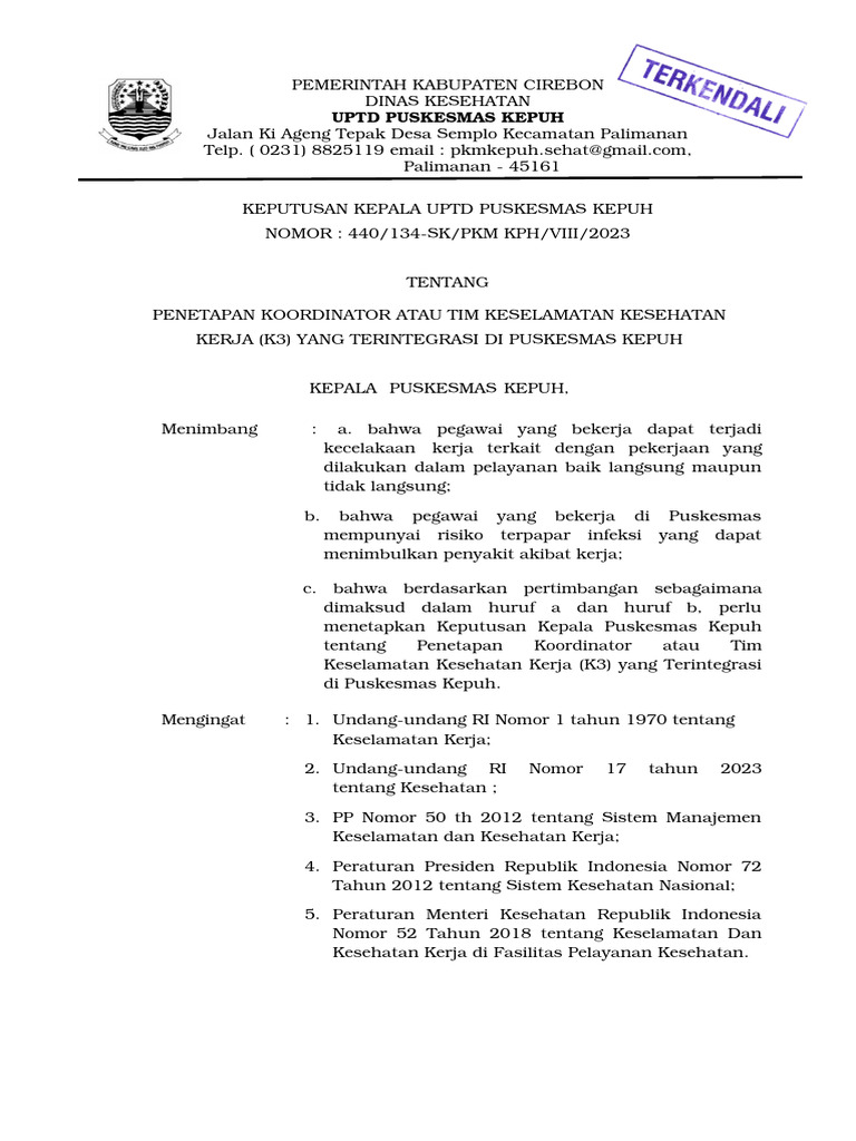 Penetapan Tim K3 Puskesmas Kepuh | PDF