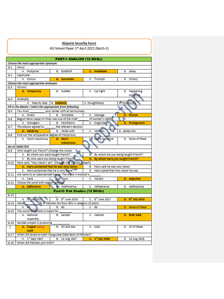 ASF ASI 1st April 2022 (Batch-2) Solved Paper | PDF | Pakistan