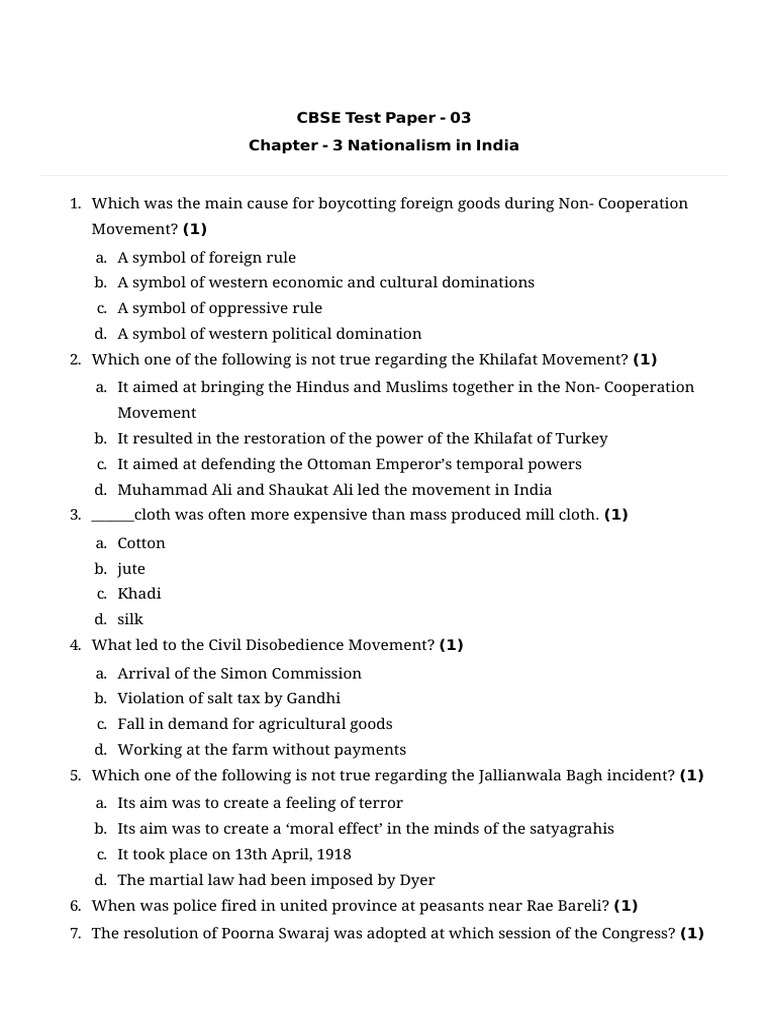 Nationalism in India Test Paper 03 | PDF | Mahatma Gandhi