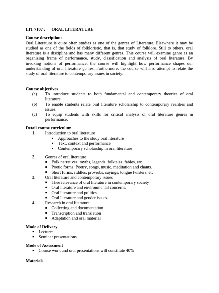 LIT 7107 | PDF | Oral Literature | Folklore