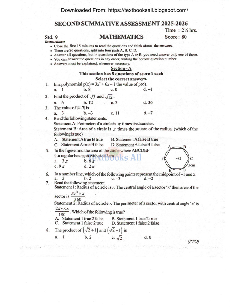 STD 9 Maths (Em) Second Summative Assessment Model Question Paper ...
