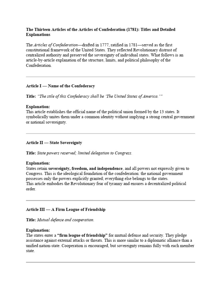 The Thirteen Articles of The Articles of Confederation 1781 Titles and ...