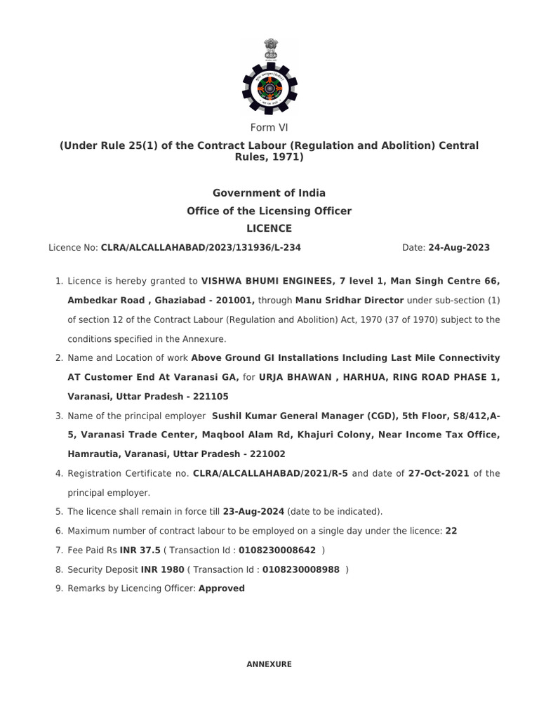 Contract Labour License for Vishwa Bhumi | PDF | Employment