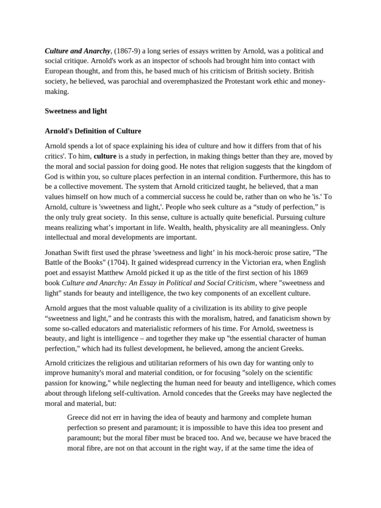 Sweetness & Light, Culture and Anarchy | PDF | Liberal Arts Education