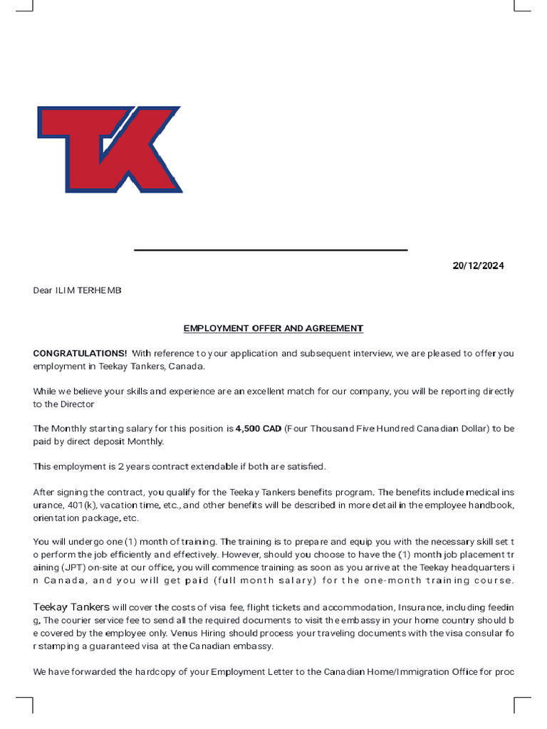 Teekay Tankers Employment Offer Letterghghh | PDF