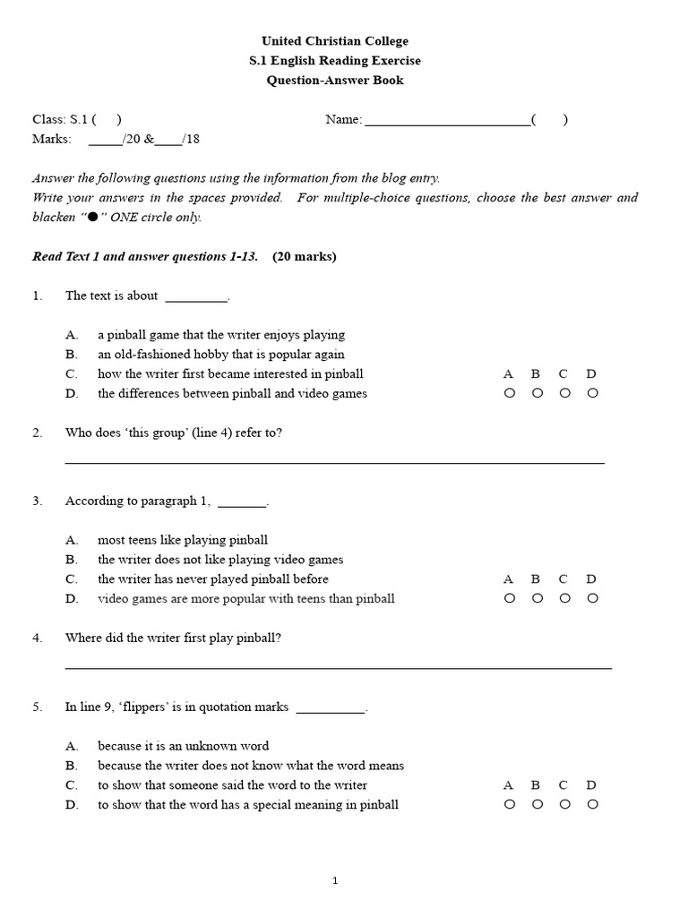 S.1 English Reading Exercise Guide | PDF