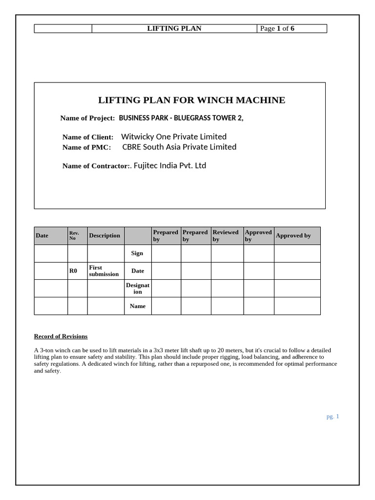 Winch Lifting Plan for Business Park | PDF | Elevator | Rope