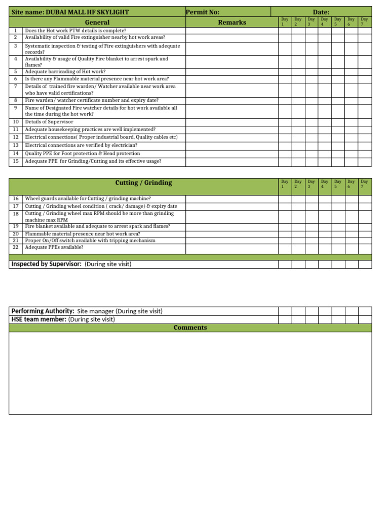 Inspection Checklist For Hot Works | PDF | Workplace | Occupational ...