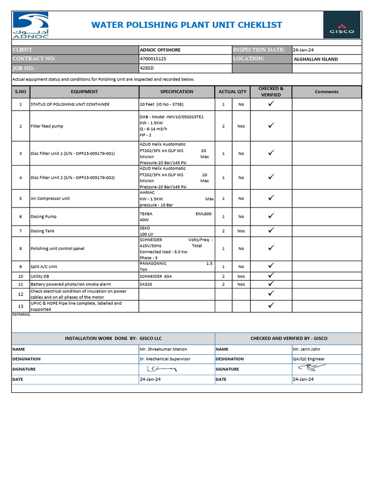 Polishing Plant Checklist- Central Island -22 | PDF | Energy Technology