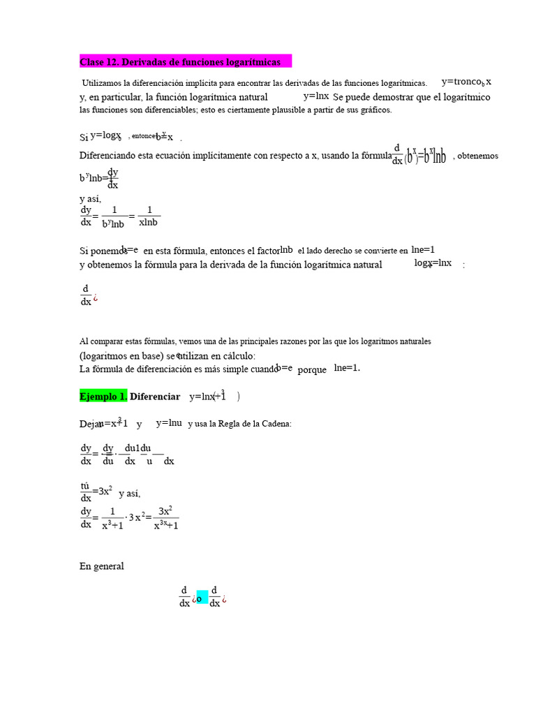 Derivadas de Funciones Logarítmicas | PDF | Logaritmo | Derivado