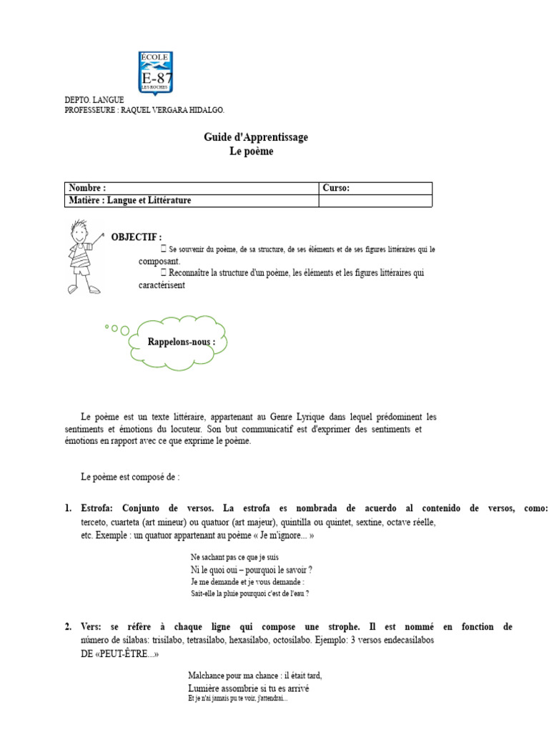 Guide d'apprentissage du poème | PDF | Rime dans la poésie | Poétique ...