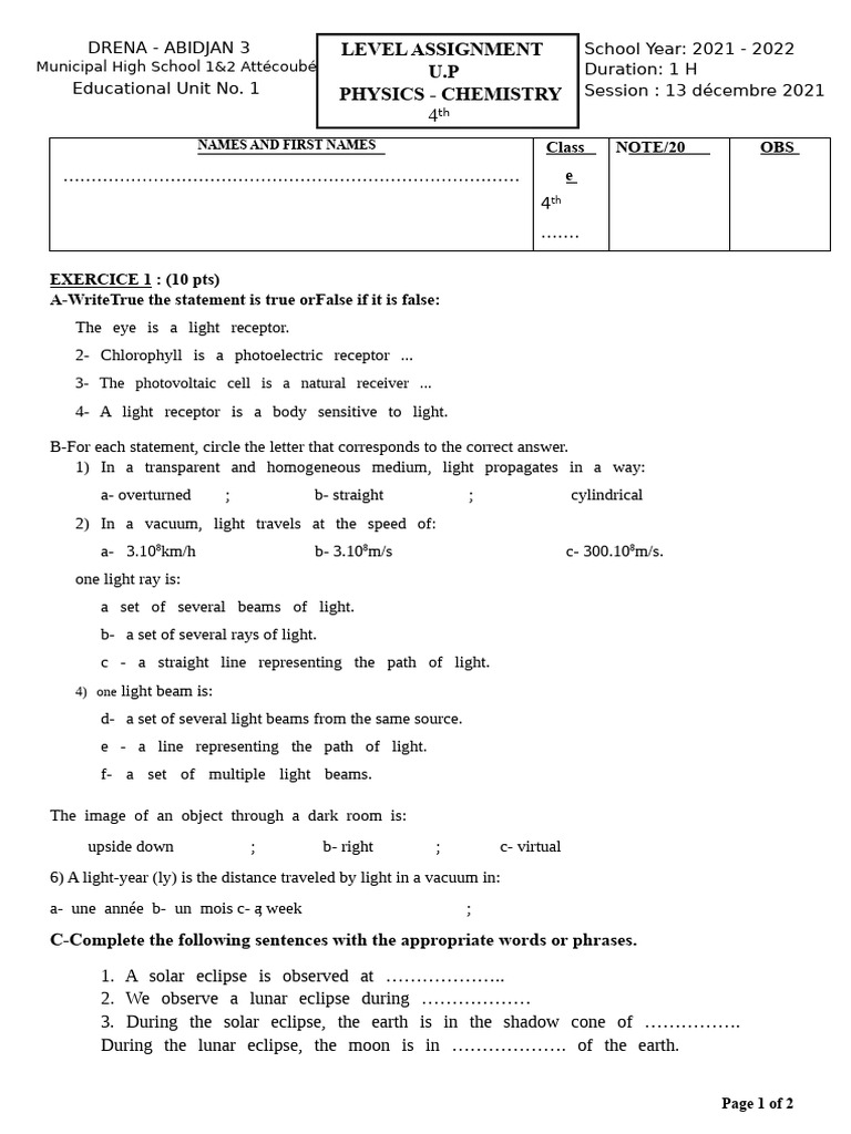 ASSIGNMENT - UP - 4th - Grade - 21 - 22 | PDF | Light | Eclipse