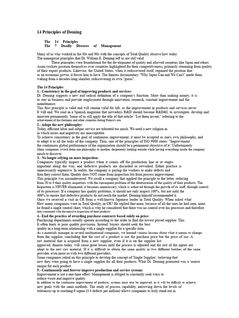 Deming's 14 Principles for Quality Management | PDF | Leadership | Business