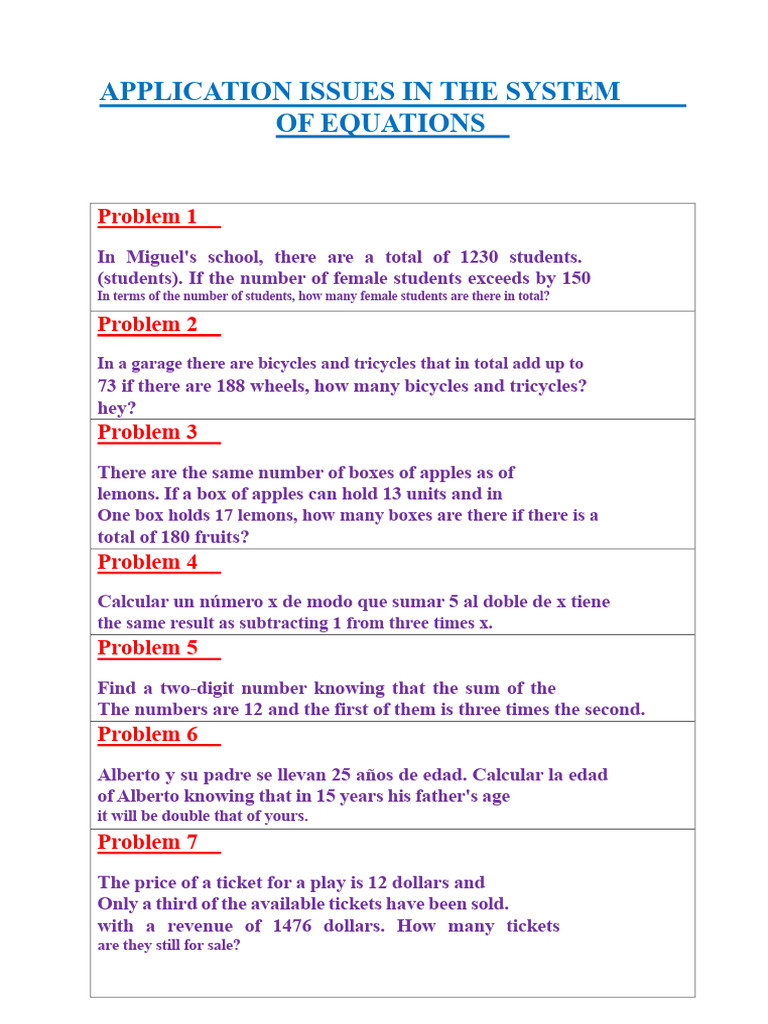 Application Problems in Systems of Equations 5° | PDF