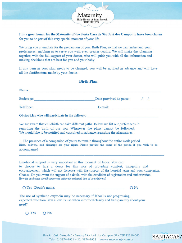 Birth Plan Maternity Santa Casa SJC | PDF | Childbirth | Breastfeeding