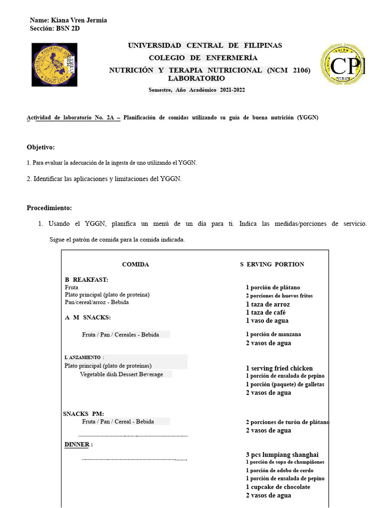 Actividad de Laboratorio-2A - YGGN (Jermia, BSN 2D) | PDF | Alimentos ...