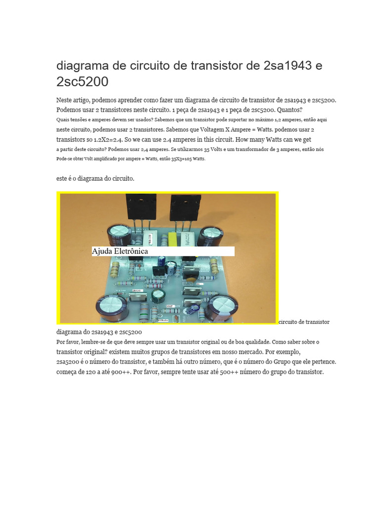 Diagrama de Circuito Transistor 2SA1943 e 2SC5200 | PDF | Rede elétrica ...