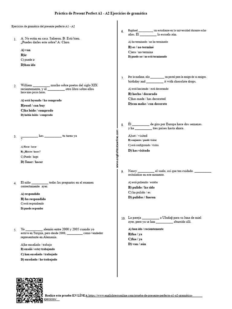 Ejercicios de Presente Perfecto A1-A2 | PDF