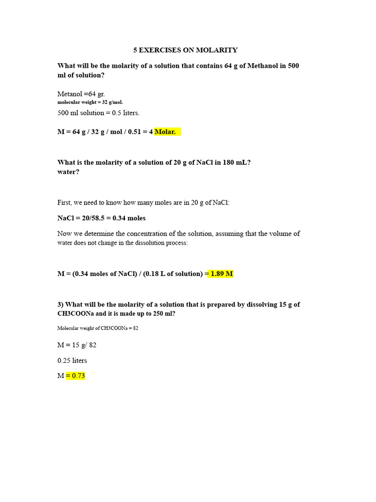 Molarity and Weight Percentage Exercises | PDF | Mole (Unit) | Solubility